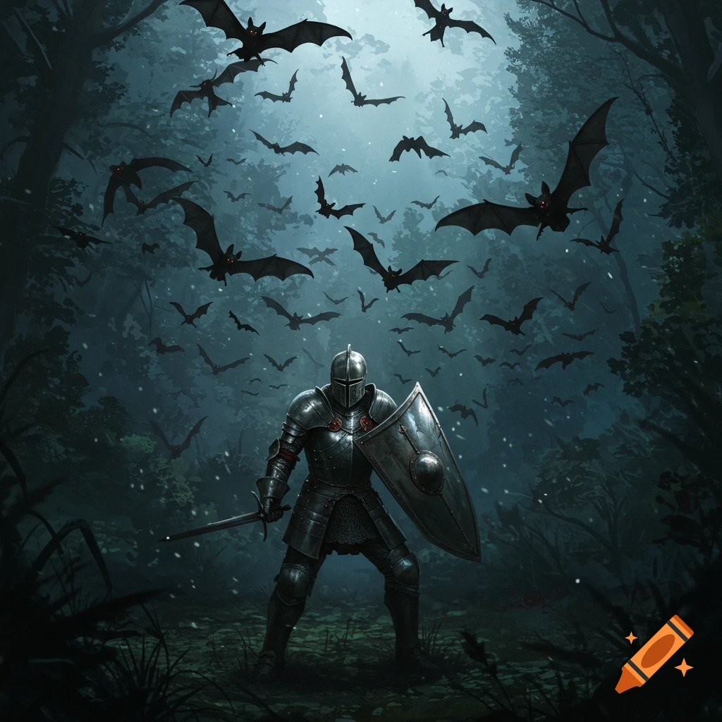 A knight in full armor with a sword and shield stands in a dark forest ...