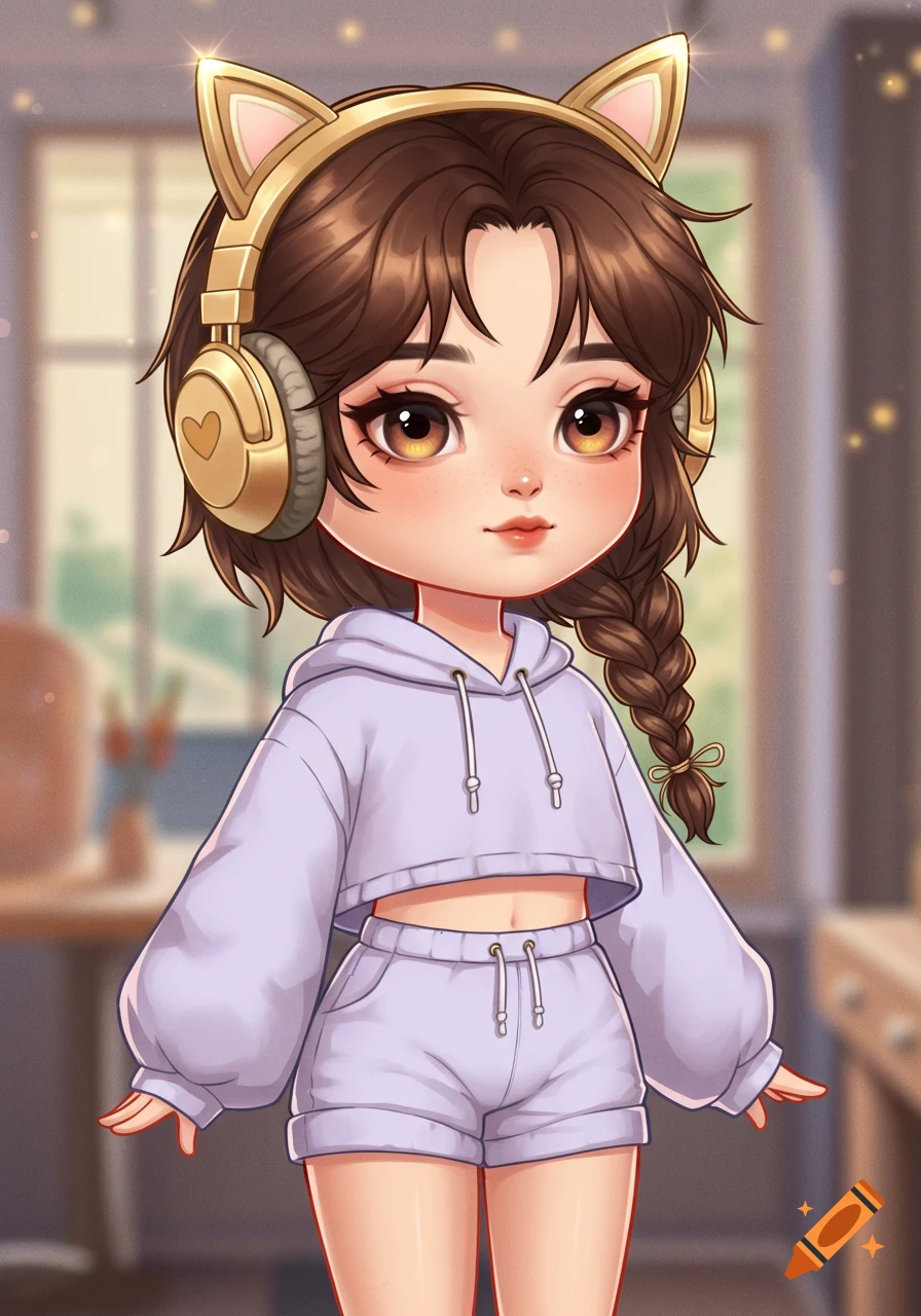 Digital illustration of a chibi character with brown hair, cat-eared ...