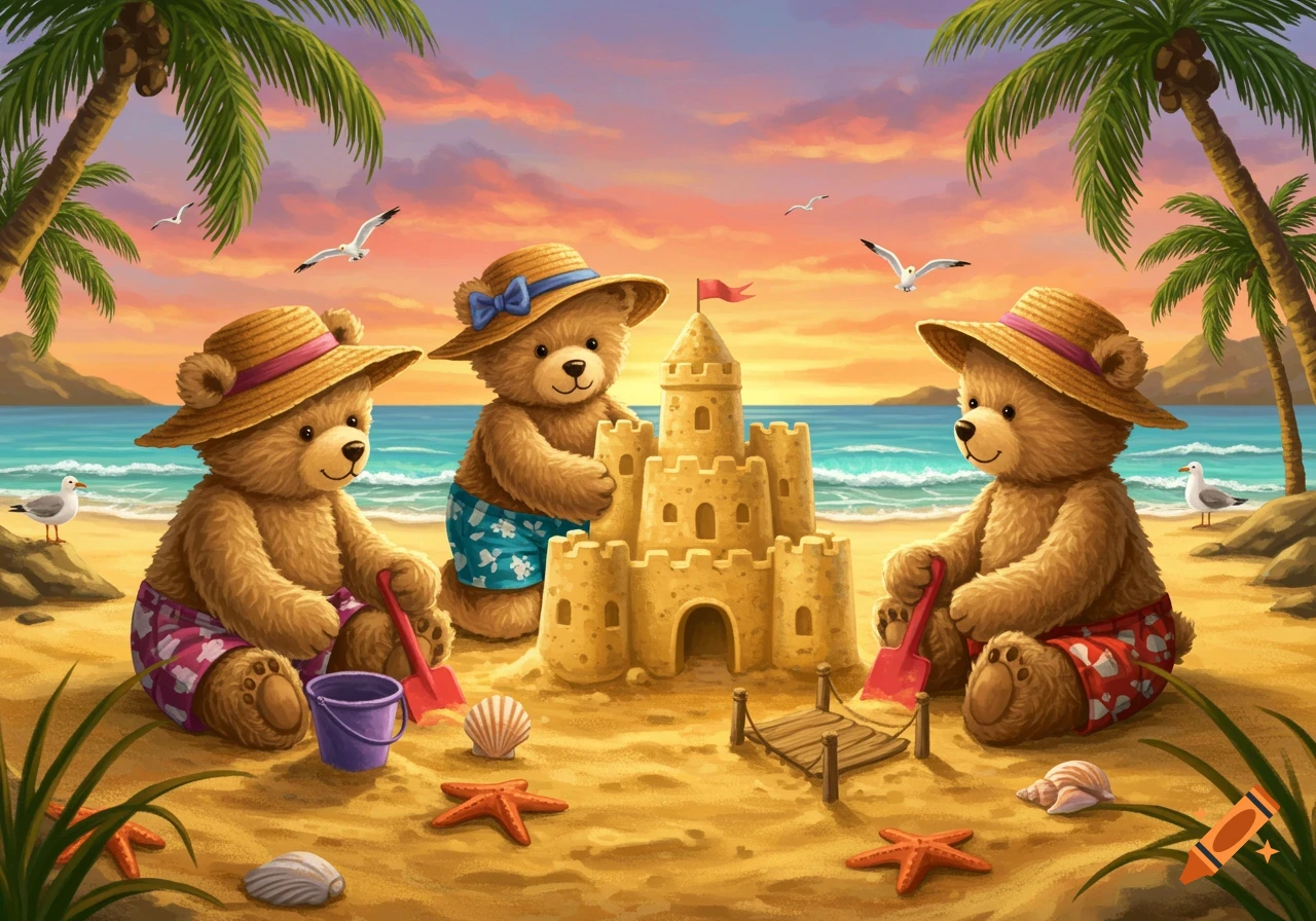 Three cartoon teddy bears on a sunny beach building a sandcastle, with ...