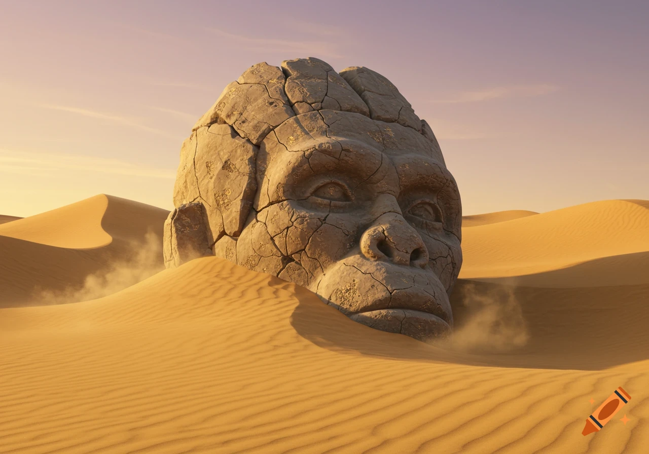 A large, weathered stone ape head statue emerges from golden desert ...