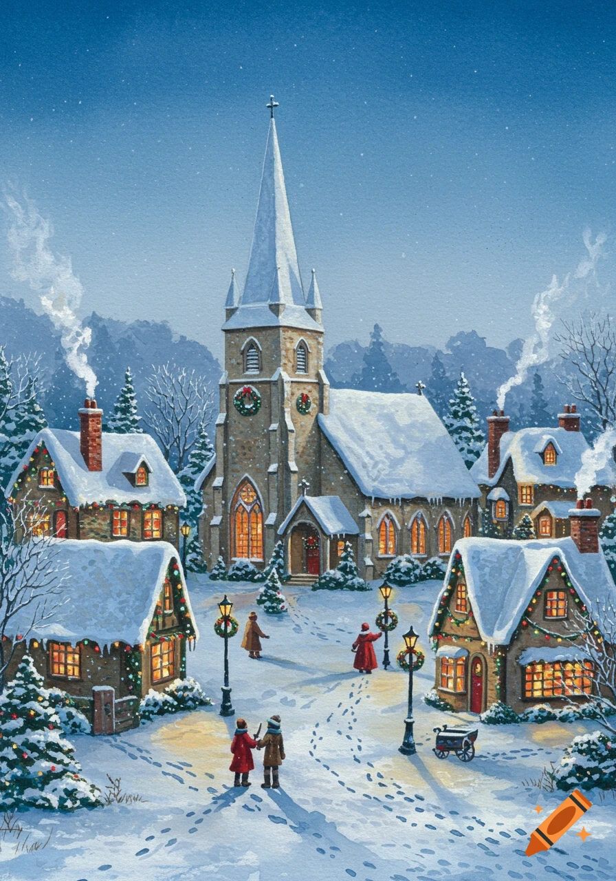 Cartoon illustration of elves carrying Christmas gifts through a snowy ...