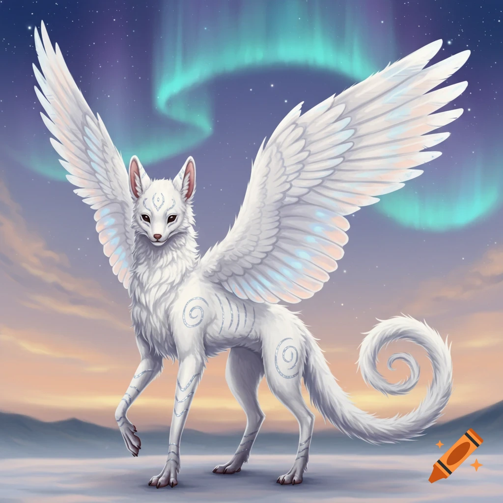White winged fox-like creature with spiral markings stands in a snowy landscape under the aurora ...