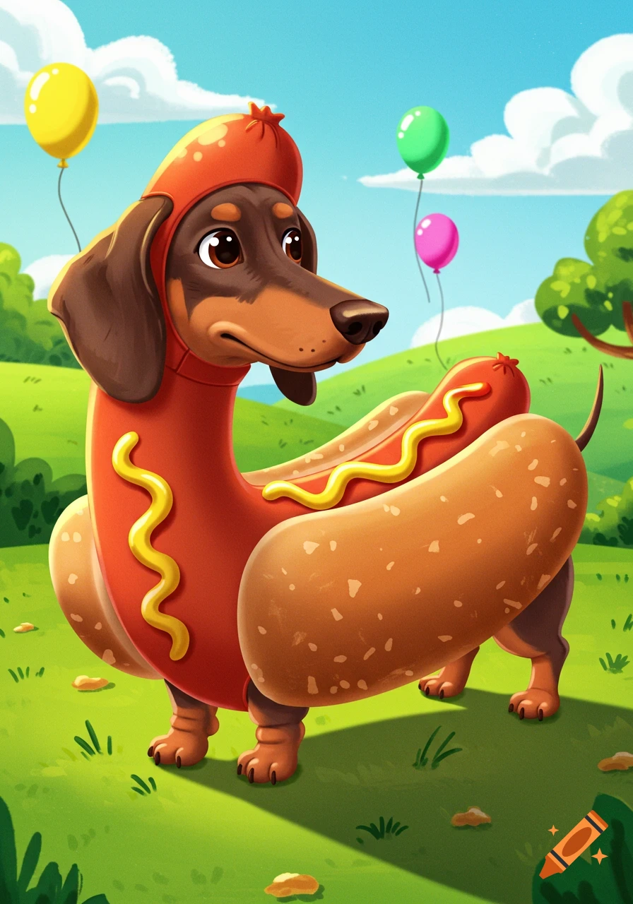 Pluto the dog with pink balloon-twisted ears and a colorful unicorn horn, smiling in a magical ...