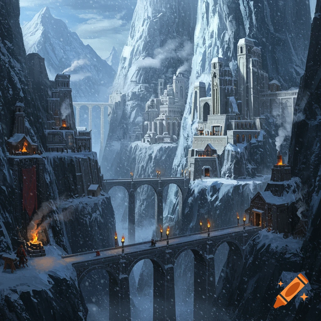 A grand fantasy dwarven city built into a massive, snow-covered ...