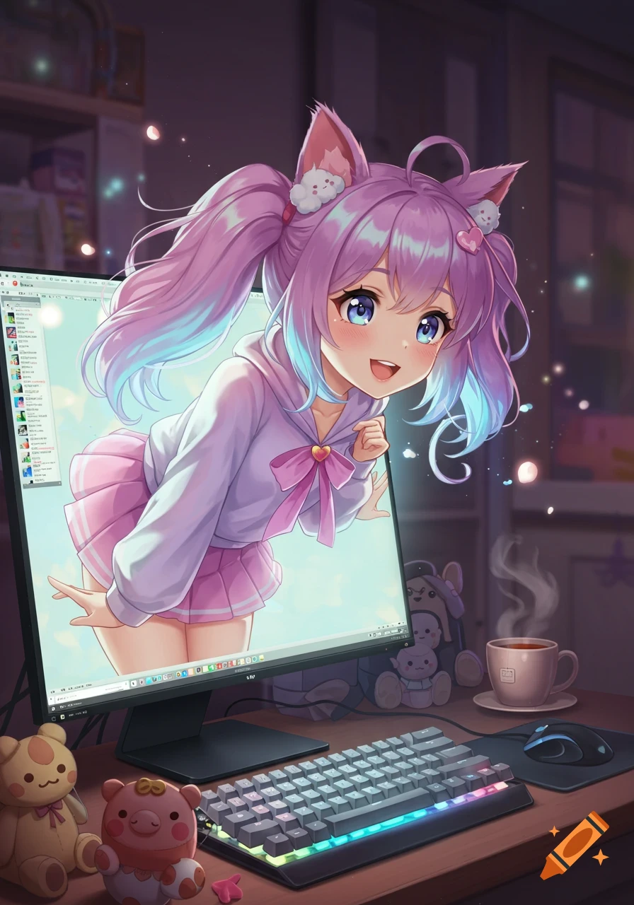 Anime girl with pink and blue hair and cat ears emerging from a glowing ...