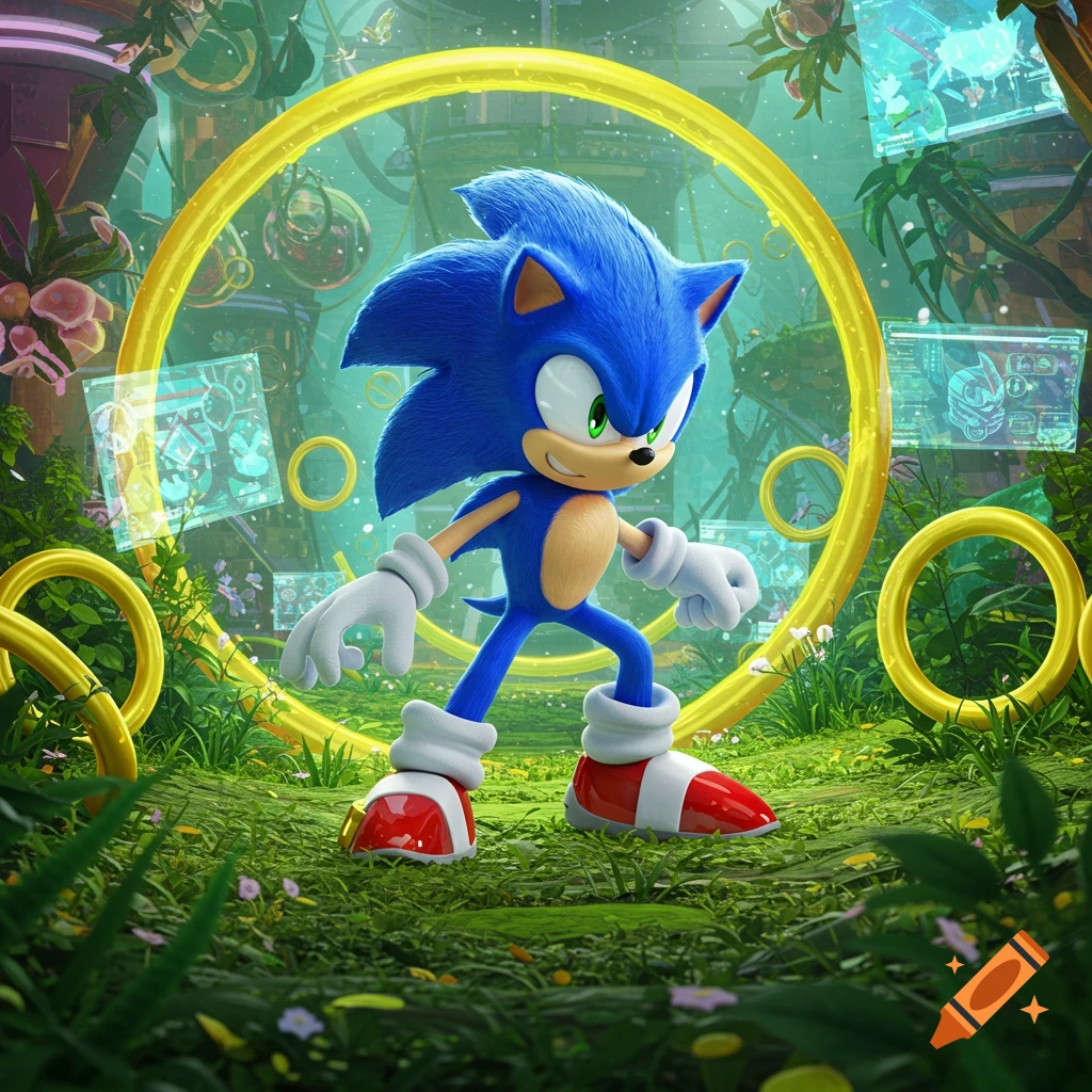 Sonic the Hedgehog with vibrant swirly eyes stands in a cosmic background with glowing pink ...