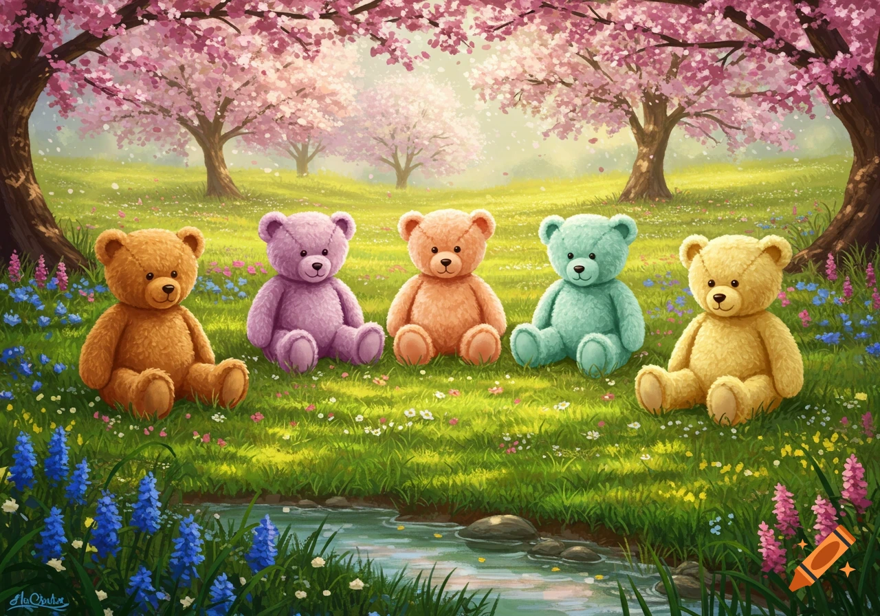 Five colorful teddy bears sit in a vibrant green field with pink cherry ...