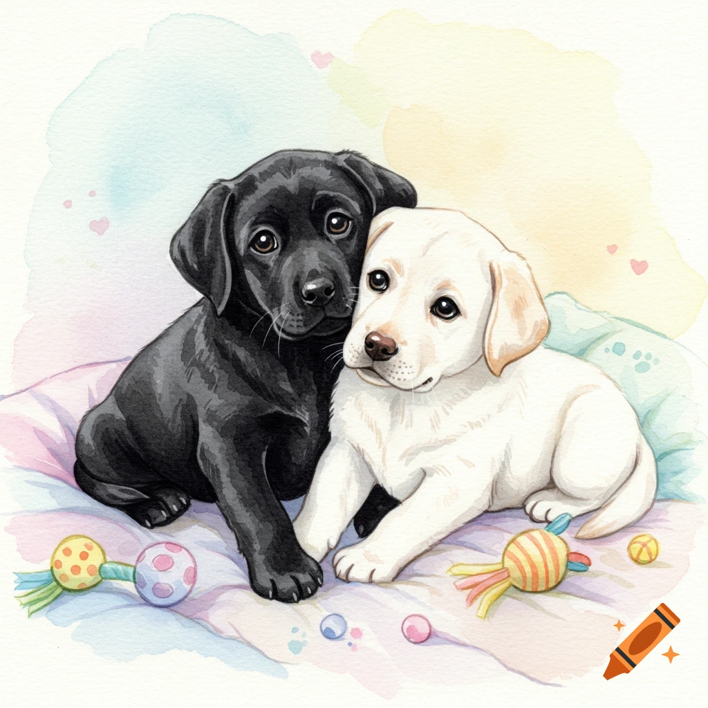 A watercolor cartoon of a black Labrador puppy and a white Labrador ...