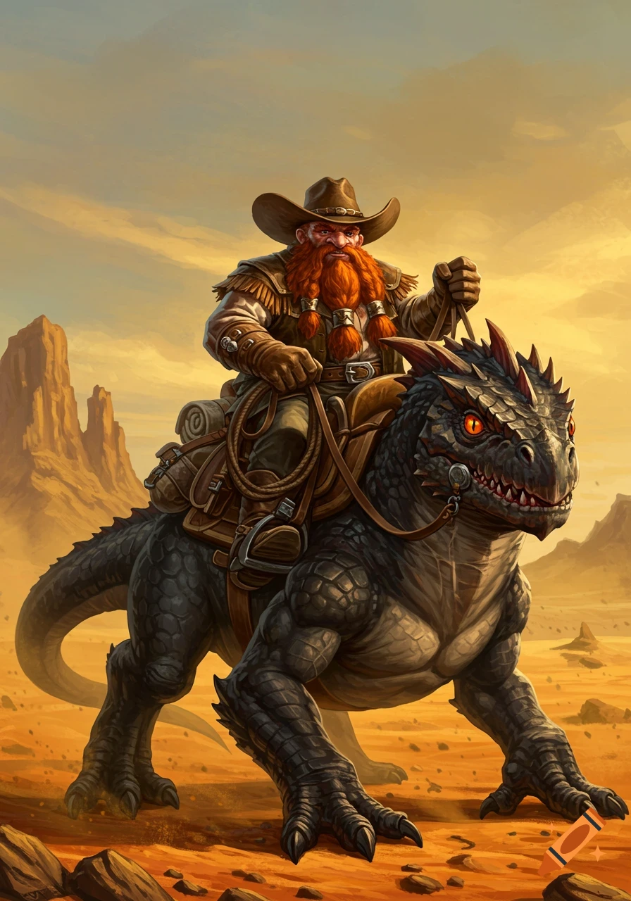 A bearded dwarf in a cowboy hat rides a scaly, reptilian creature with ...