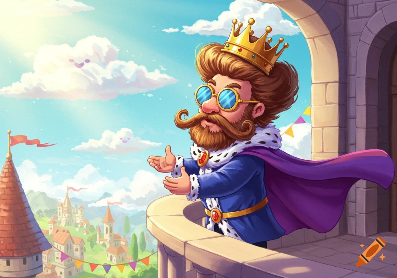 A cartoon king with a beard, sunglasses, and crown stands on a balcony ...
