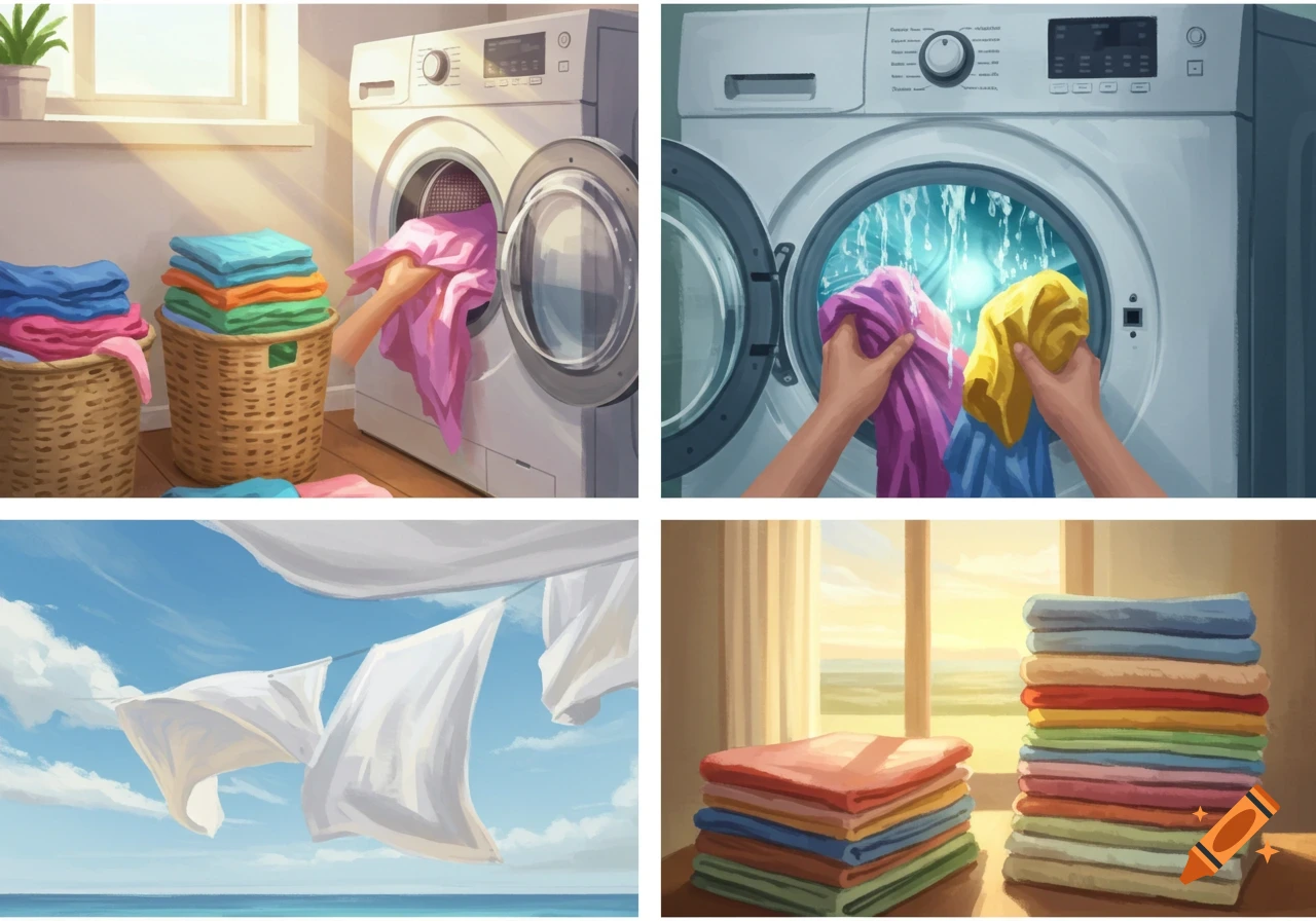 Cartoon illustration of a man happily throwing clothes into a front ...