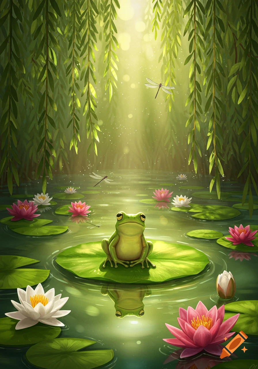 A green frog sits on a lily pad in a sunlit pond surrounded by pink and ...