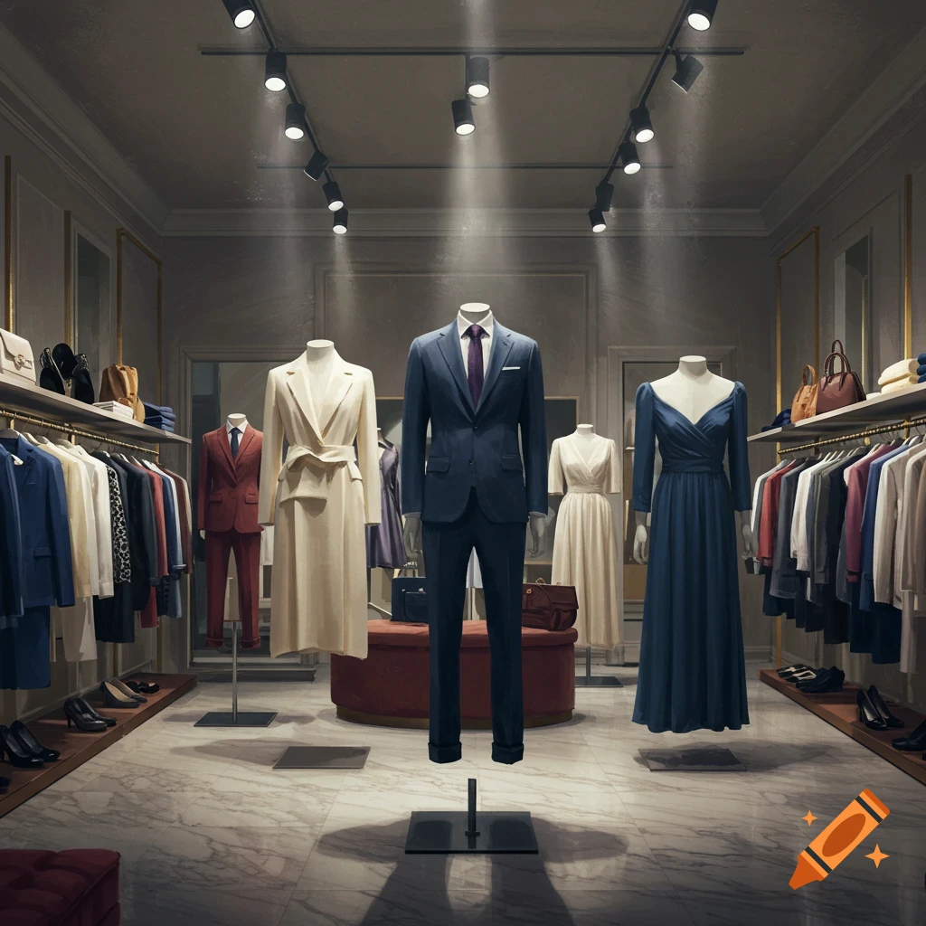 A luxurious clothing store displays various suits, dresses, and ...