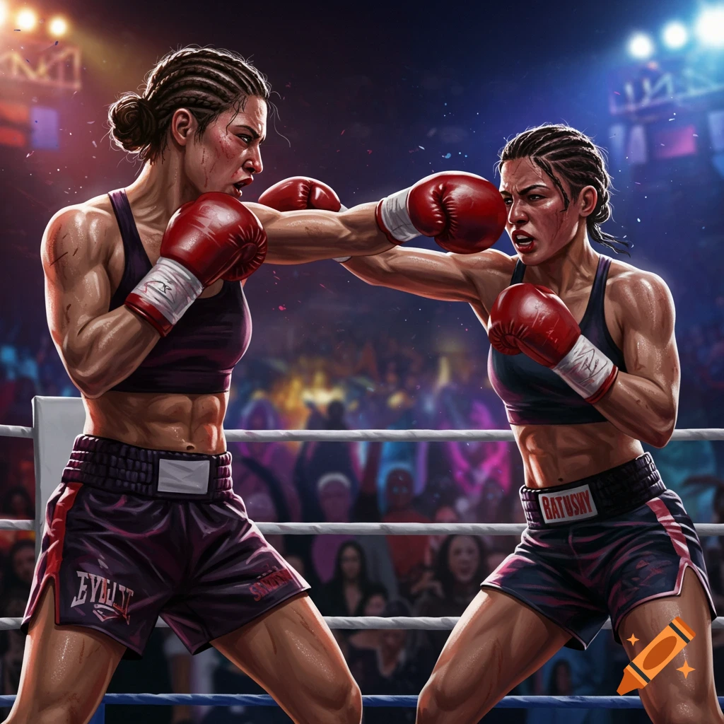 Two determined female boxers with braided hair and red gloves trade ...