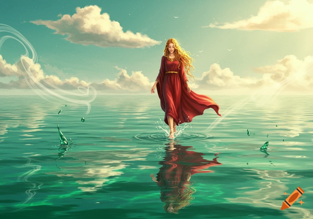 A blonde woman in a flowing red robe walks on green water under a ...