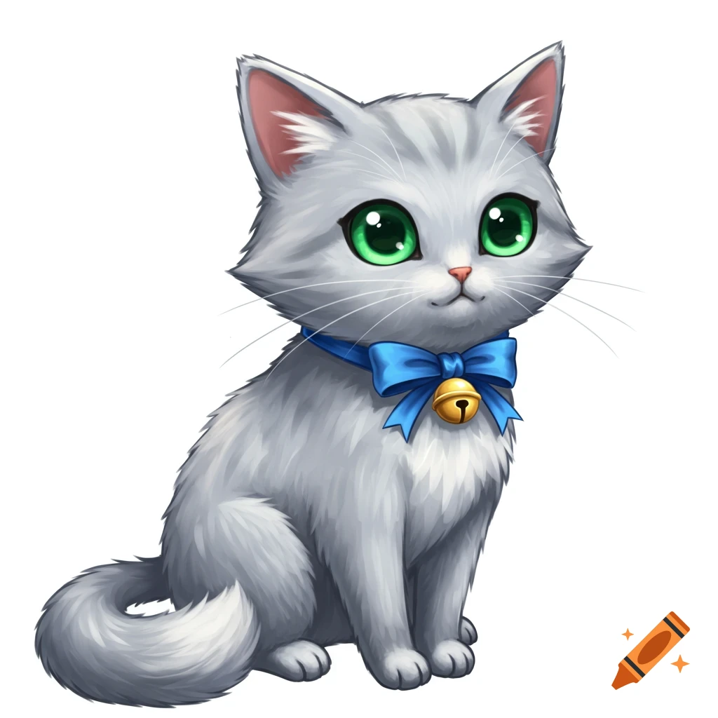 A cute cartoon silver-gray cat with emerald green eyes wears a blue ...