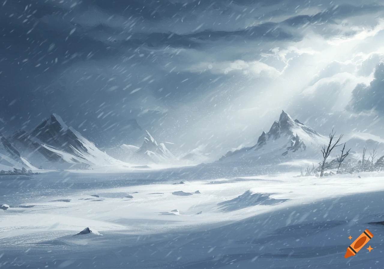 A digitally painted winter landscape depicting a devastating snowstorm ...