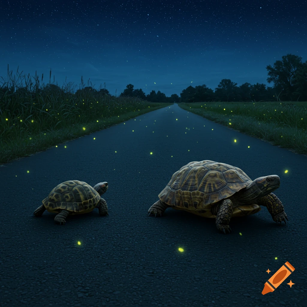 Two photorealistic turtles on a dark road at night, with glowing ...