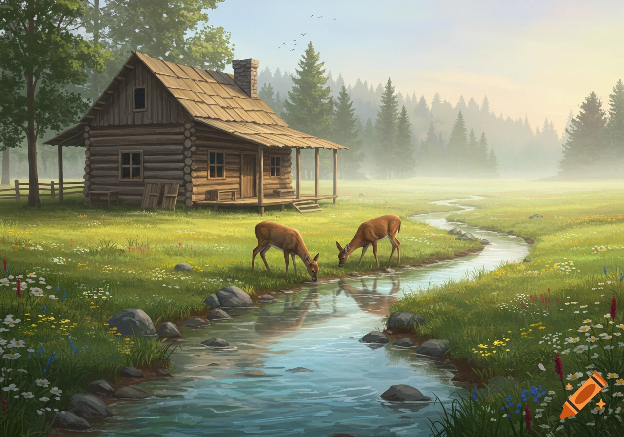 Digital painting of a log cabin by a winding stream where two deer ...