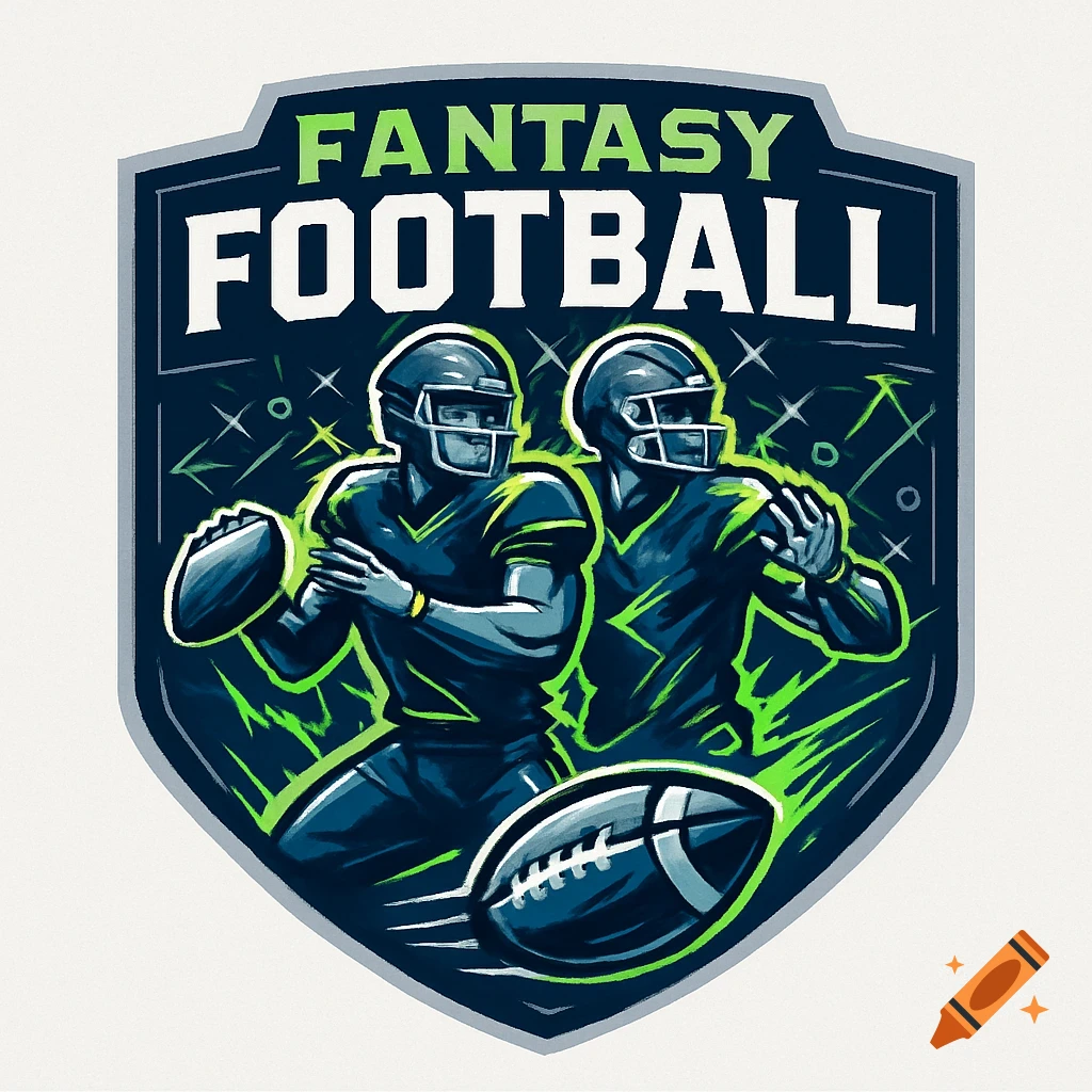 A shield-shaped logo for fantasy football featuring two stylized ...