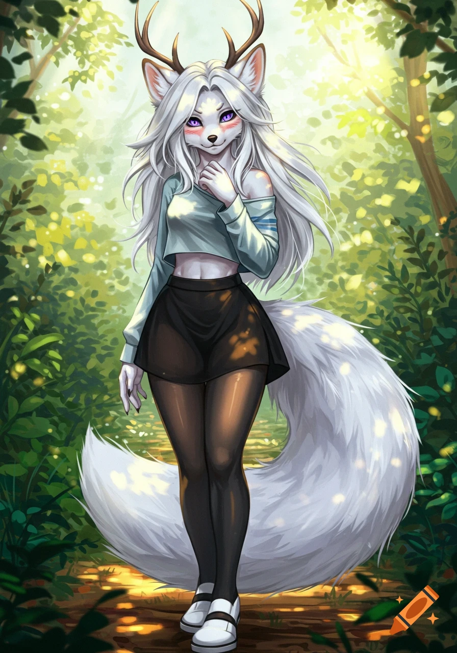 A white anthropomorphic fox with antlers and purple eyes stands in a ...