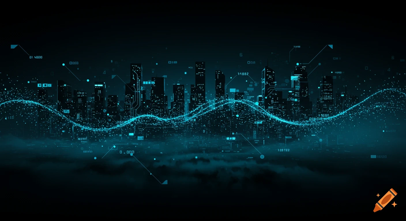 A glowing blue digital illustration depicts a corporate building ...