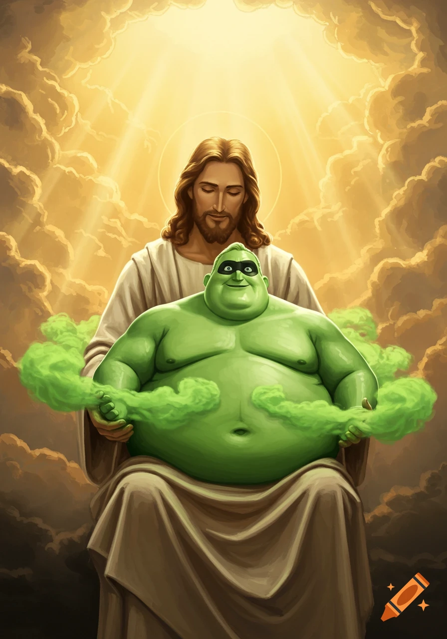 Painting of Keanu Reeves as Jesus Christ with a halo, wearing a red ...