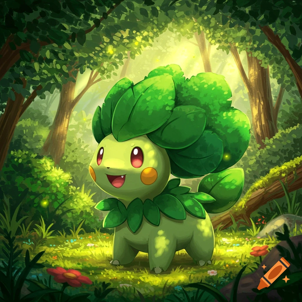 A cute green grass-type creature with leaf ears and fluffy pom-pom ...