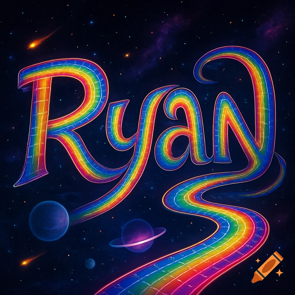 The word 'Ryan' formed by a vibrant rainbow road winding through outer ...