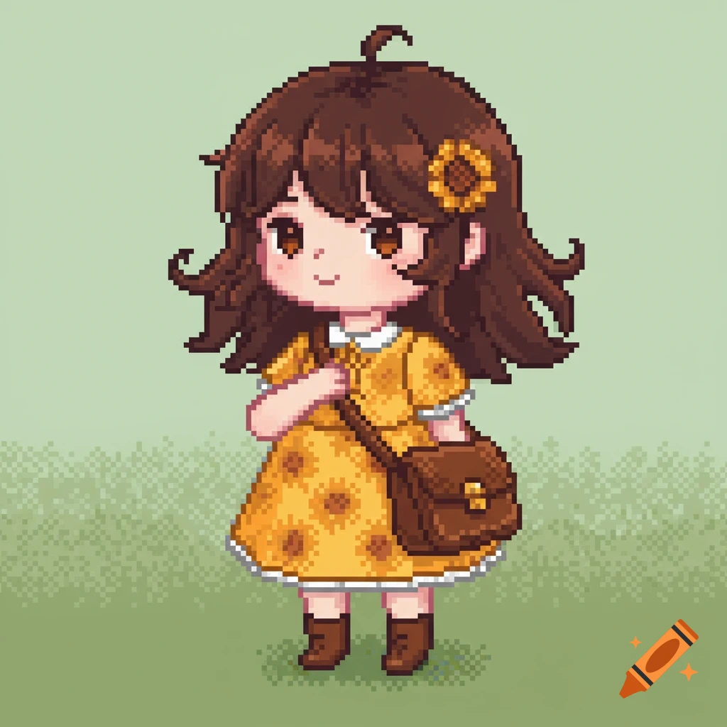 A pixel art chibi character with brown hair, a sunflower hair clip, yellow sunflower dress ...
