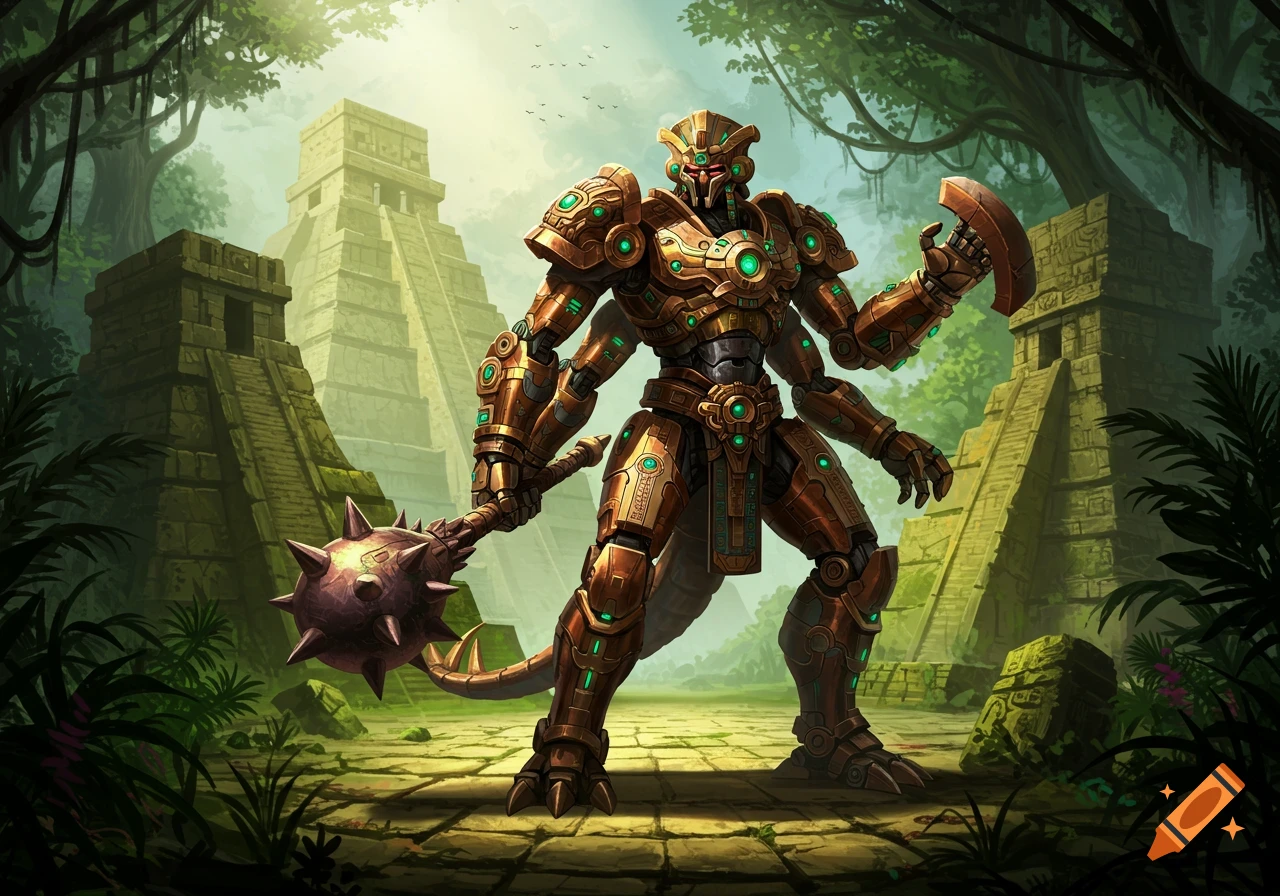 A four-armed robot in bronze armor with glowing green accents holds a ...