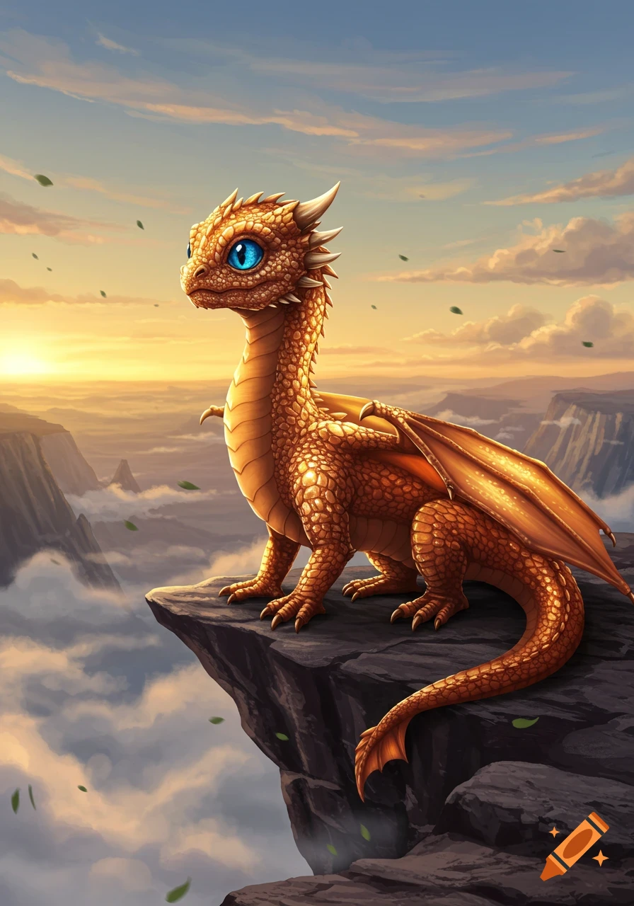An amber scaled dragon hatchling with bright blue eyes sits on a rocky ...