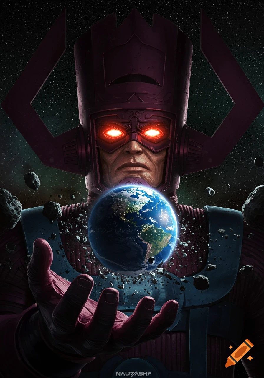 Large purple cosmic entity Galactus with glowing red eyes holds Earth ...