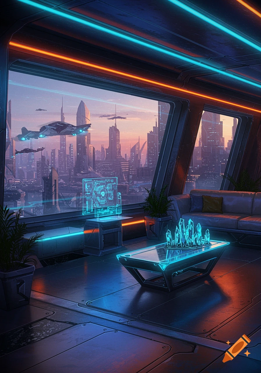 A futuristic apartment with neon lights and a large window overlooking ...