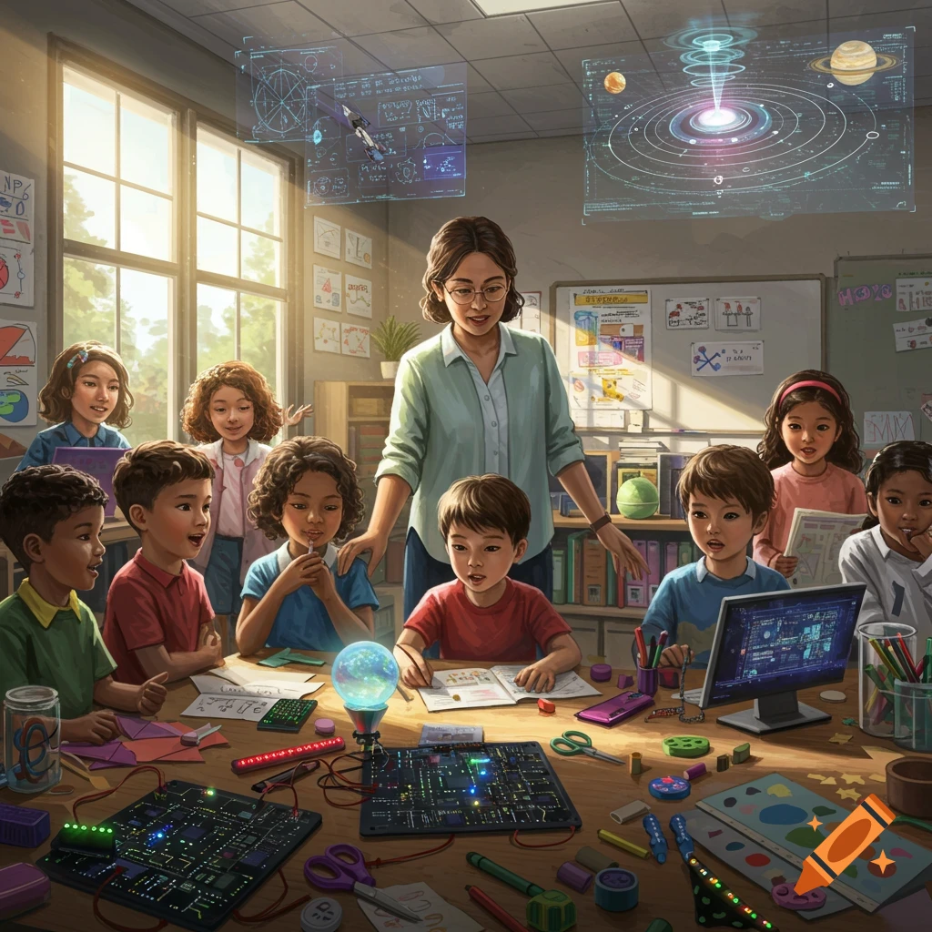 A STEAM teacher with children in a classroom, engaged in a science ...