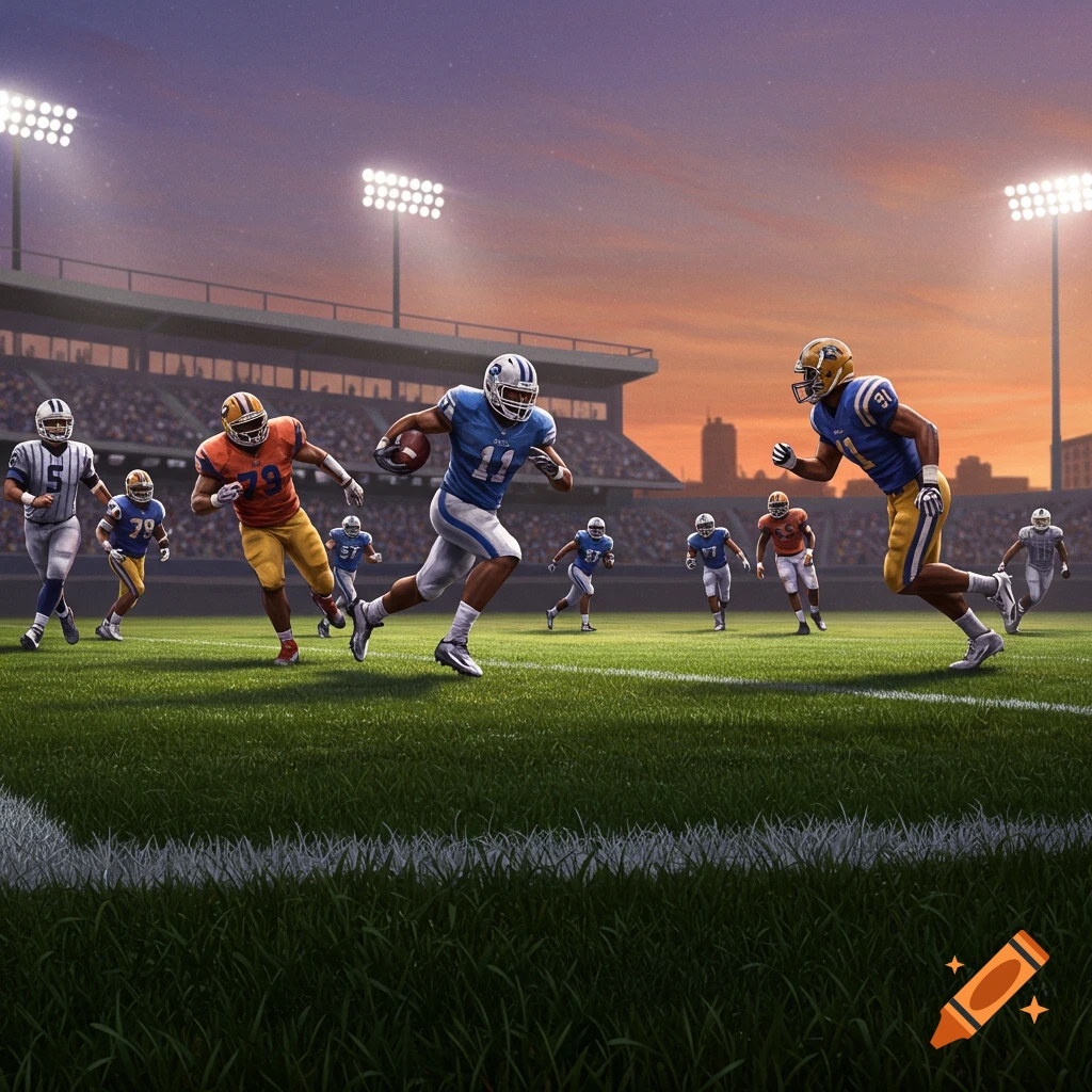 Photorealistic image of American football players running on a field in ...