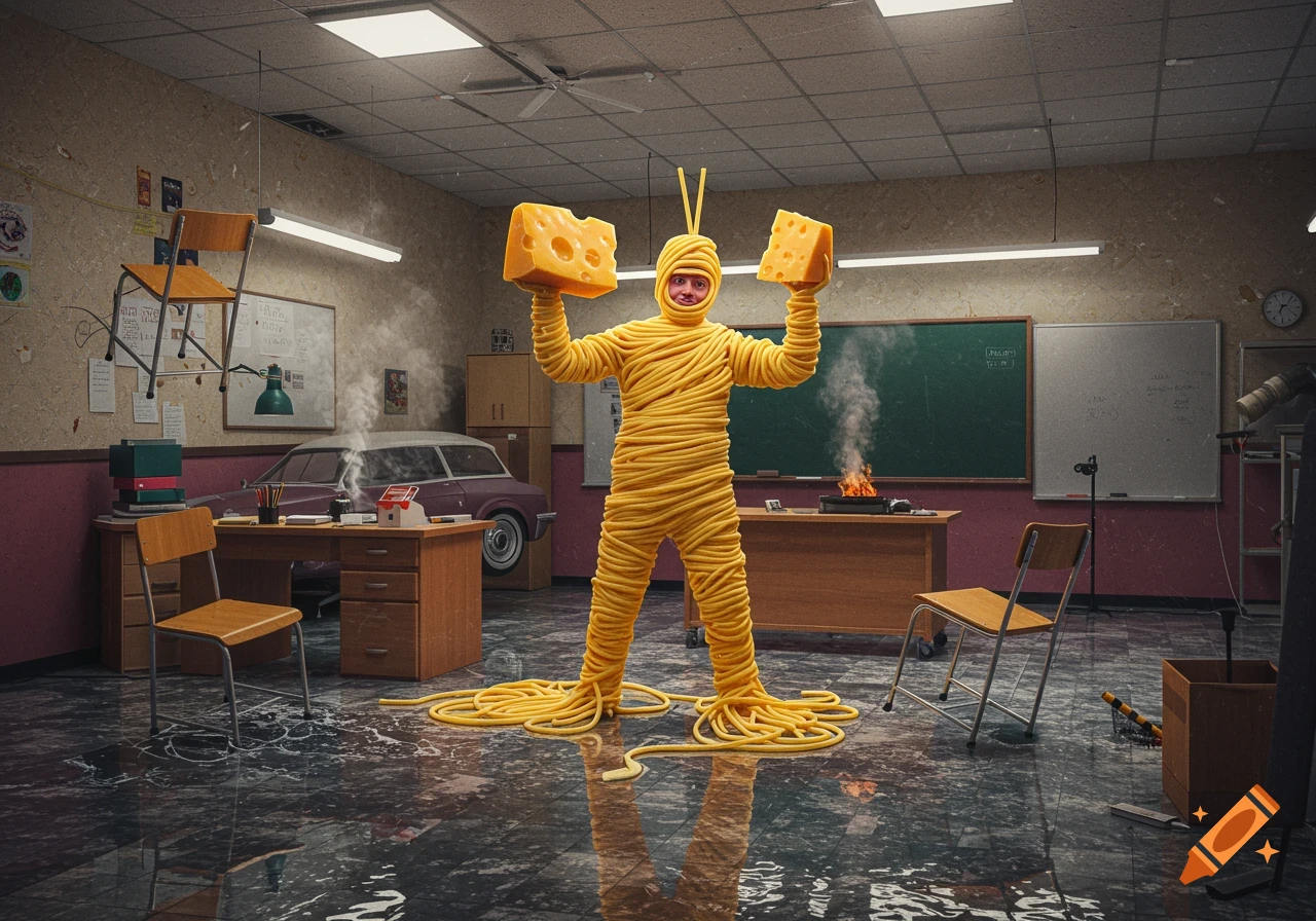 A photorealistic image of a person dressed as a spaghetti monster ...