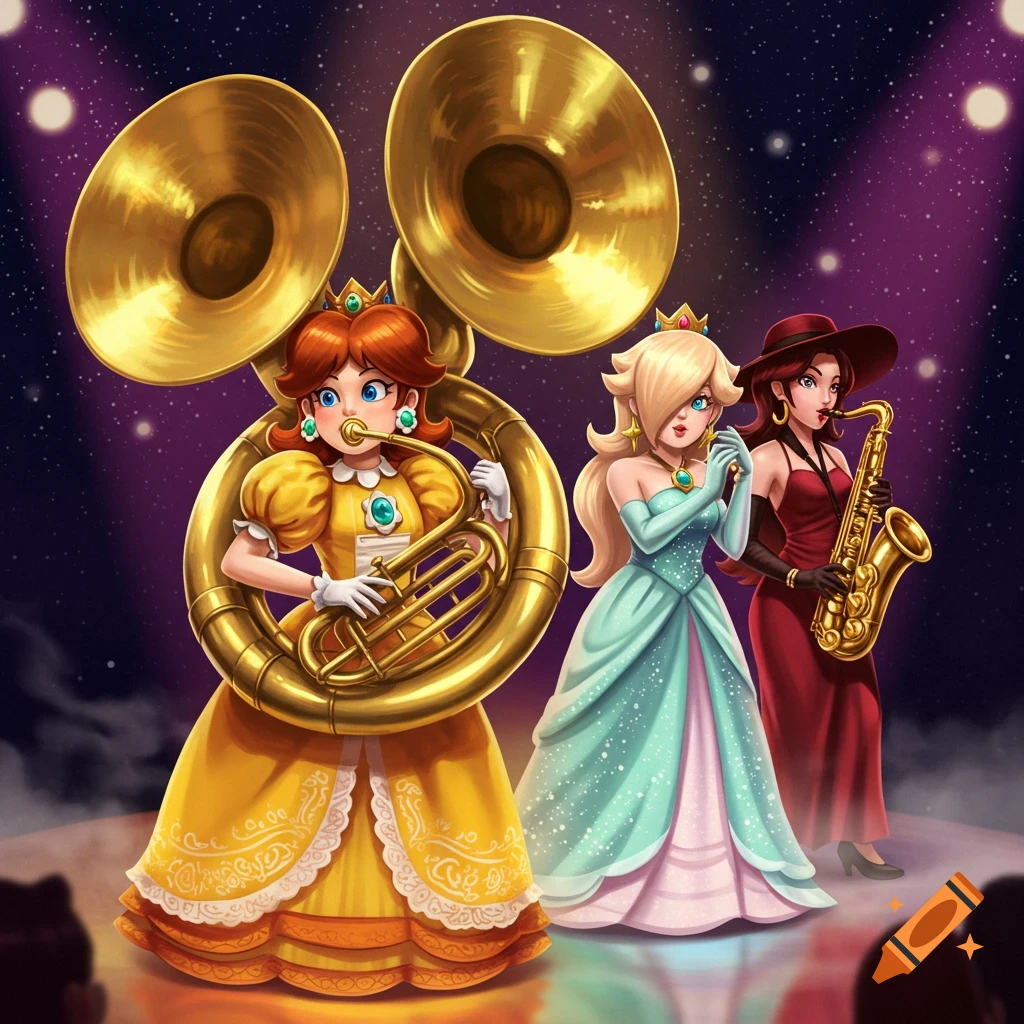 Princess Daisy playing a sousaphone, Princess Rosalina, and Pauline playing a saxophone on a lit ...