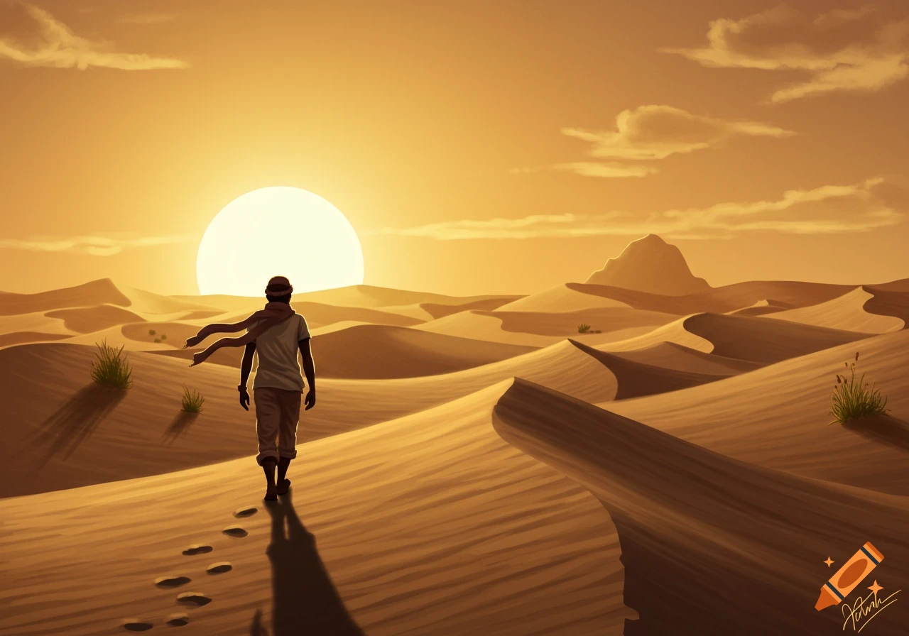 A person walks across desert dunes under a large sunset in a digital ...