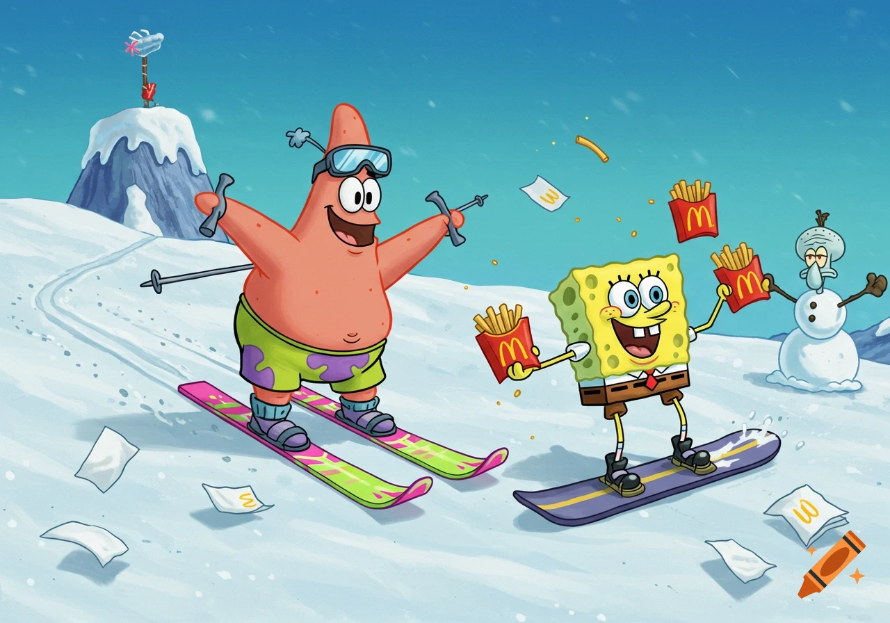 Cartoon Christmas party with SpongeBob dancing, Patrick laughing, and ...