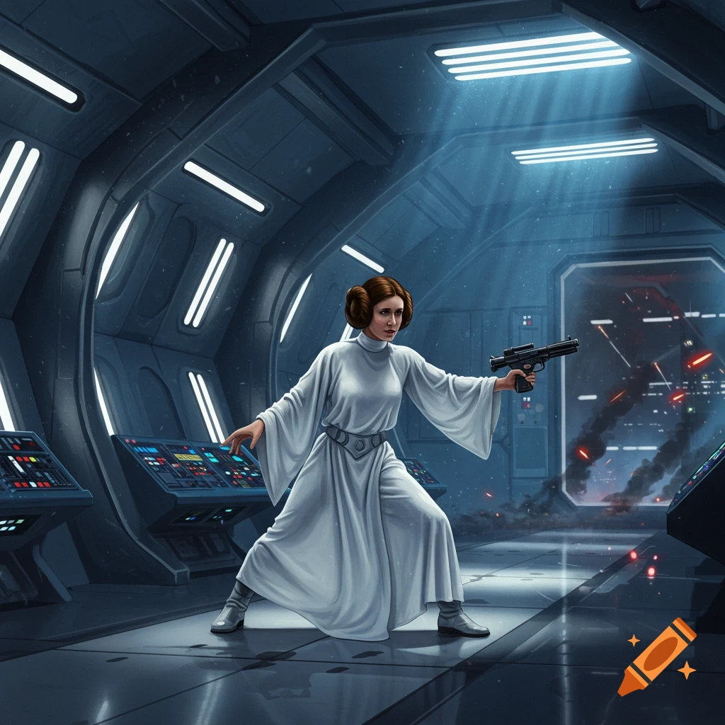 Illustrated Princess Leia in a white dress, holding a blaster in a ...