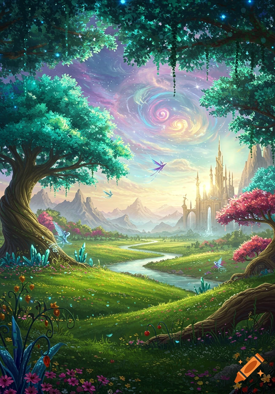 Vibrant fantasy landscape with a crystal castle, winding river ...