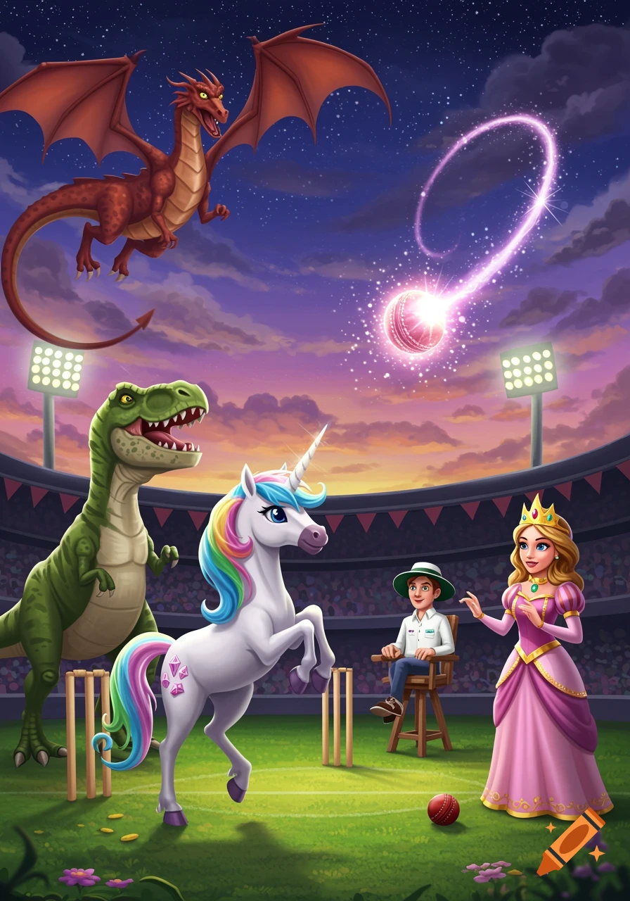 A cartoon fantasy scene of a red dragon flying, a green T-Rex, and a ...