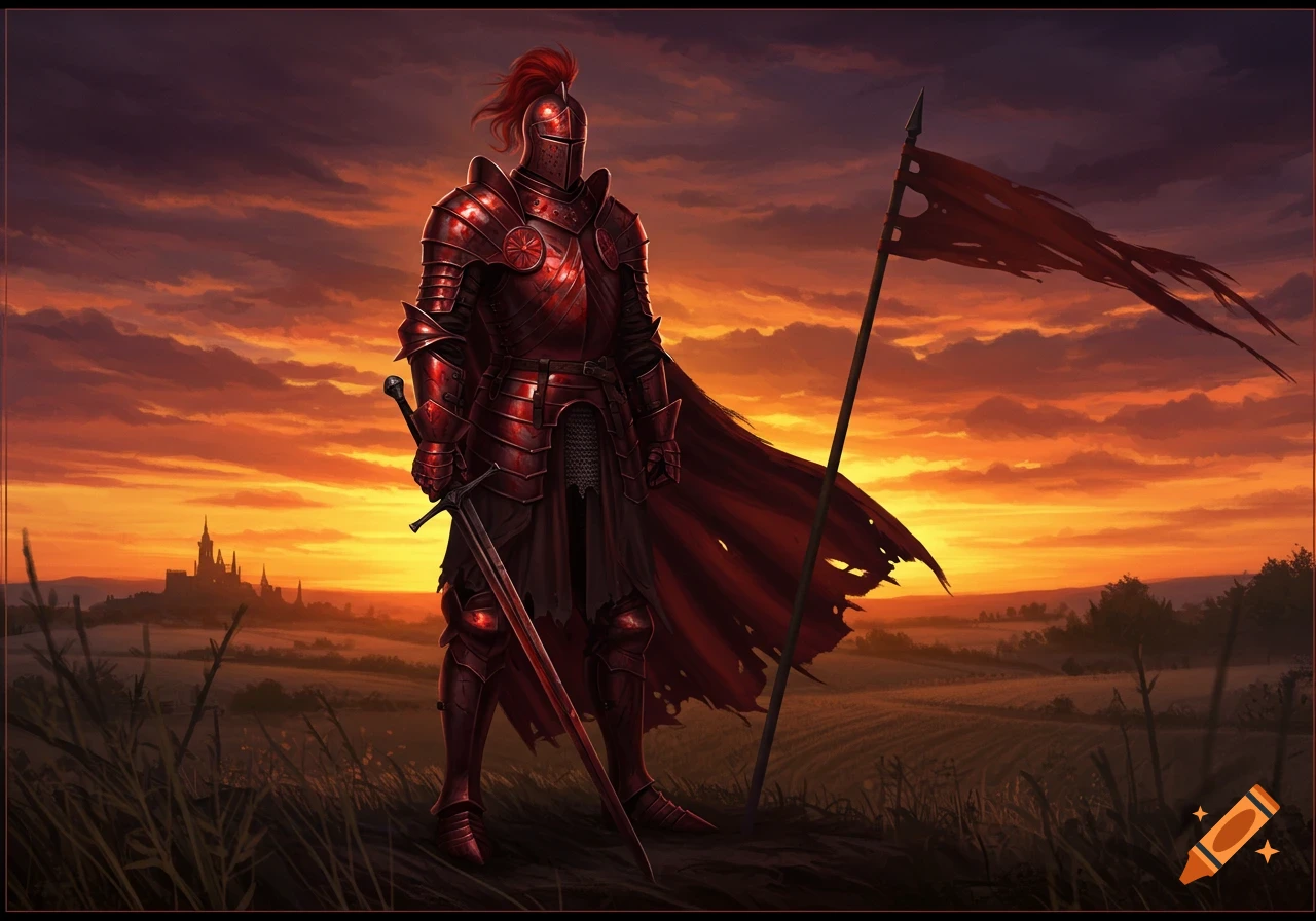 A blood-red knight in full armor stands in a field at sunset, holding a ...
