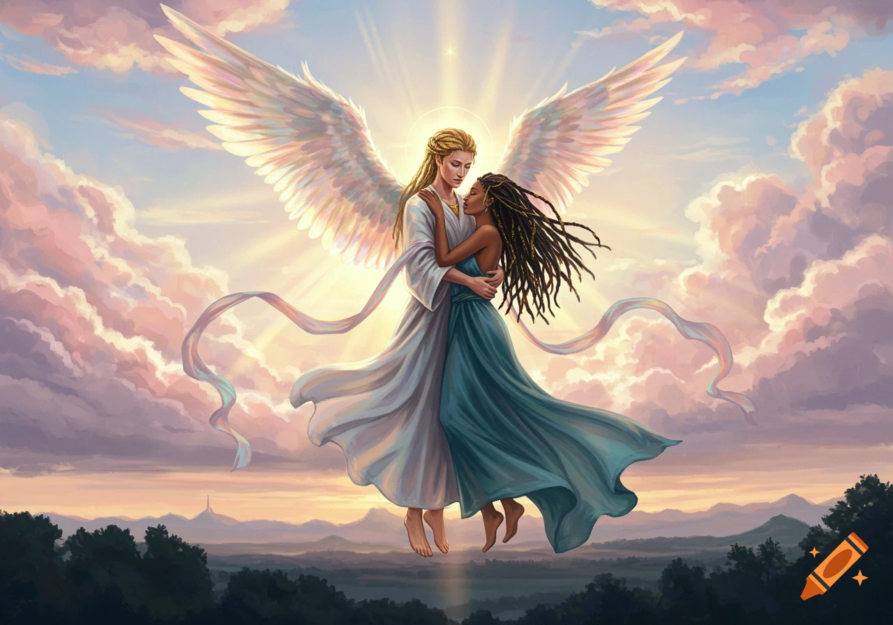 Digital painting of a winged angel embracing a dreadlocked woman ...