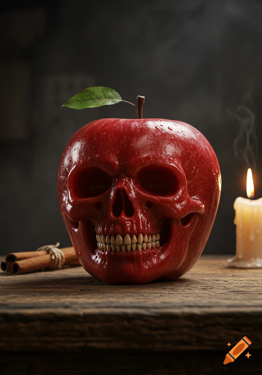 Photorealistic still life of a red apple carved into a skull, next to ...