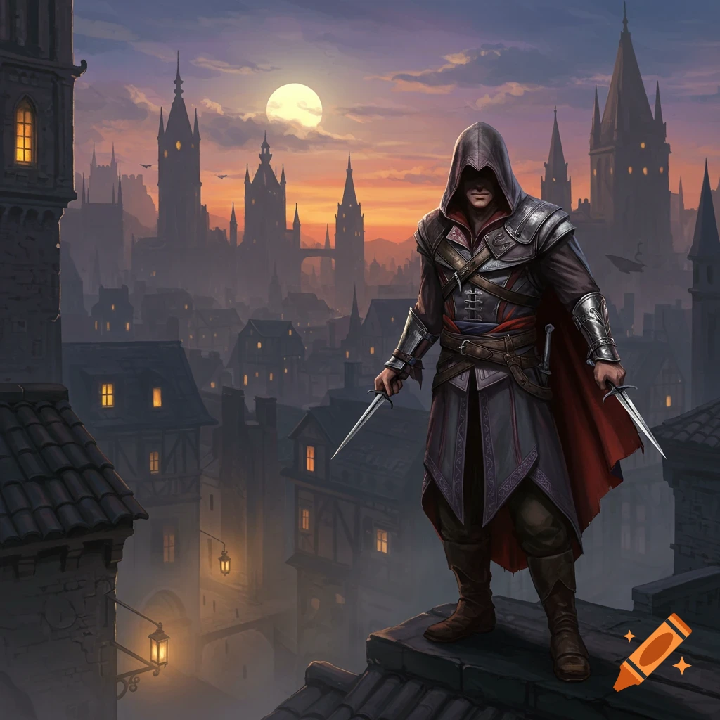 A hooded assassin in teal and red stands on a snowy rooftop overlooking ...