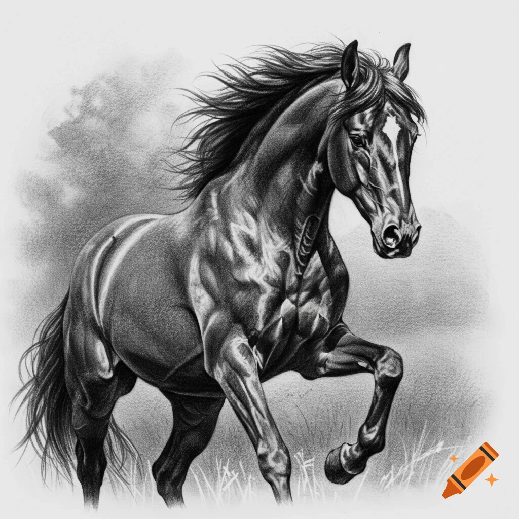 A powerful black and white charcoal drawing of a horse rearing up, its ...