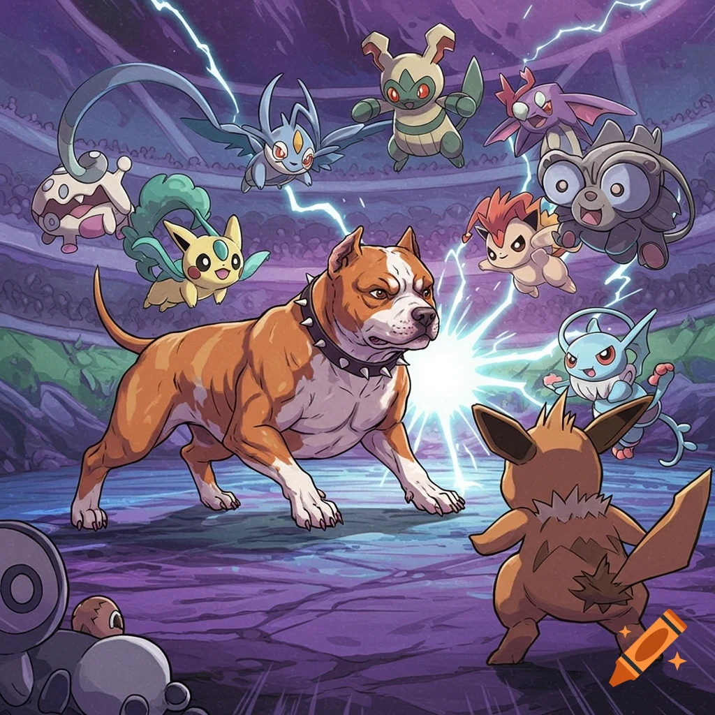 A cartoon pitbull battles an Eevee, surrounded by various other Pokemon ...
