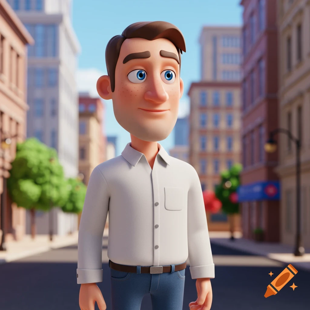 A cartoon young man with short brown hair and glasses, wearing a grey ...